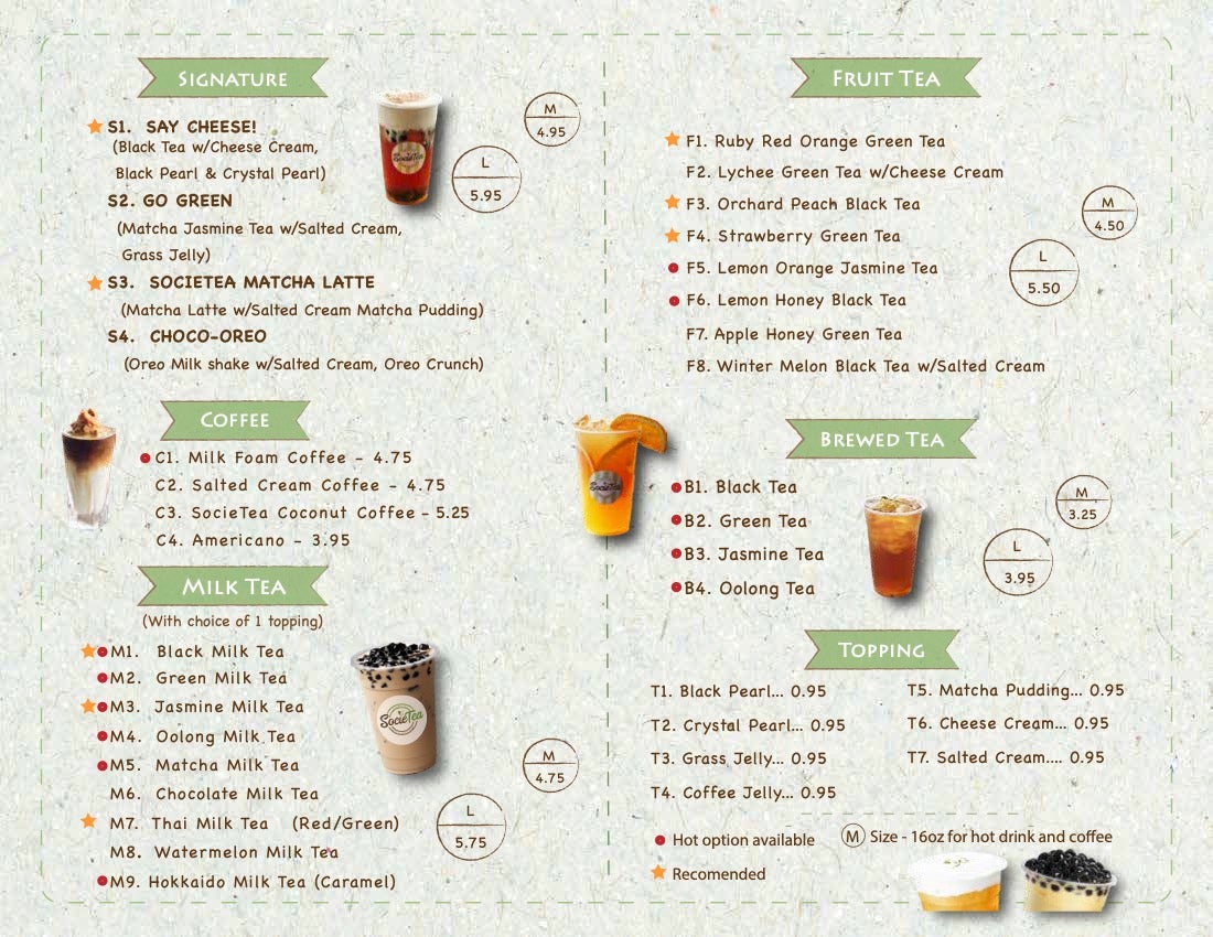 Menu | SocieTea | Bubble Tea, Coffee And Much More